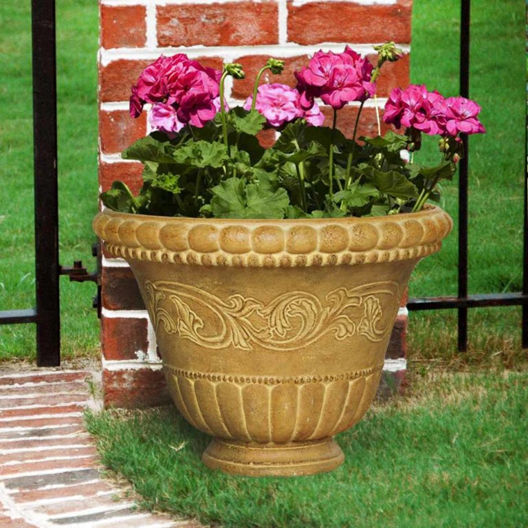 16 in. Round Granite Cast Stone Leaf Pot (PF3680SAG) - MPG Planters