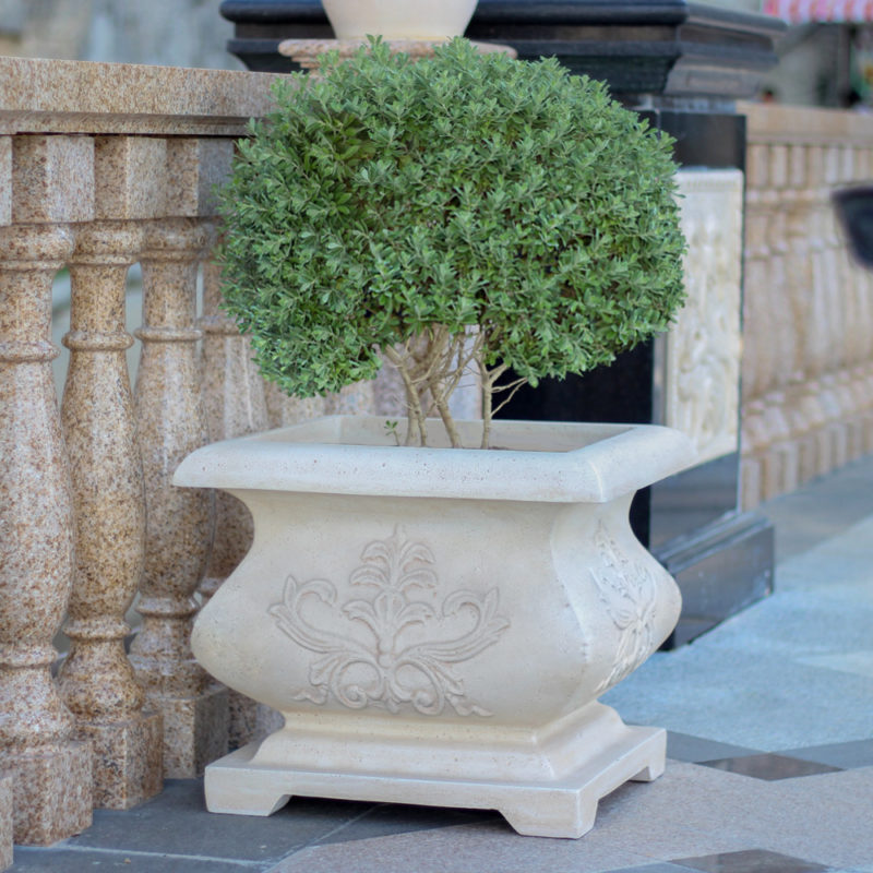 21 in. sq. Aged White Cast Stone Bombe Planter (PF4885AW) - MPG Planters